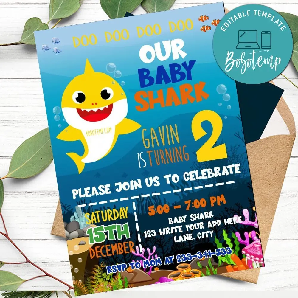Editable Baby Shark Birthday Invitations For Boy Instant Download ...