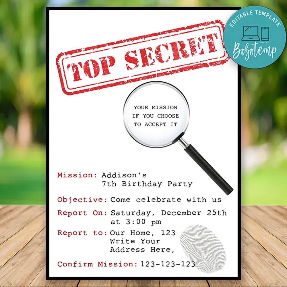 Editable Top Secret Agent Detective Birthday Flyer DIY | Bobotemp