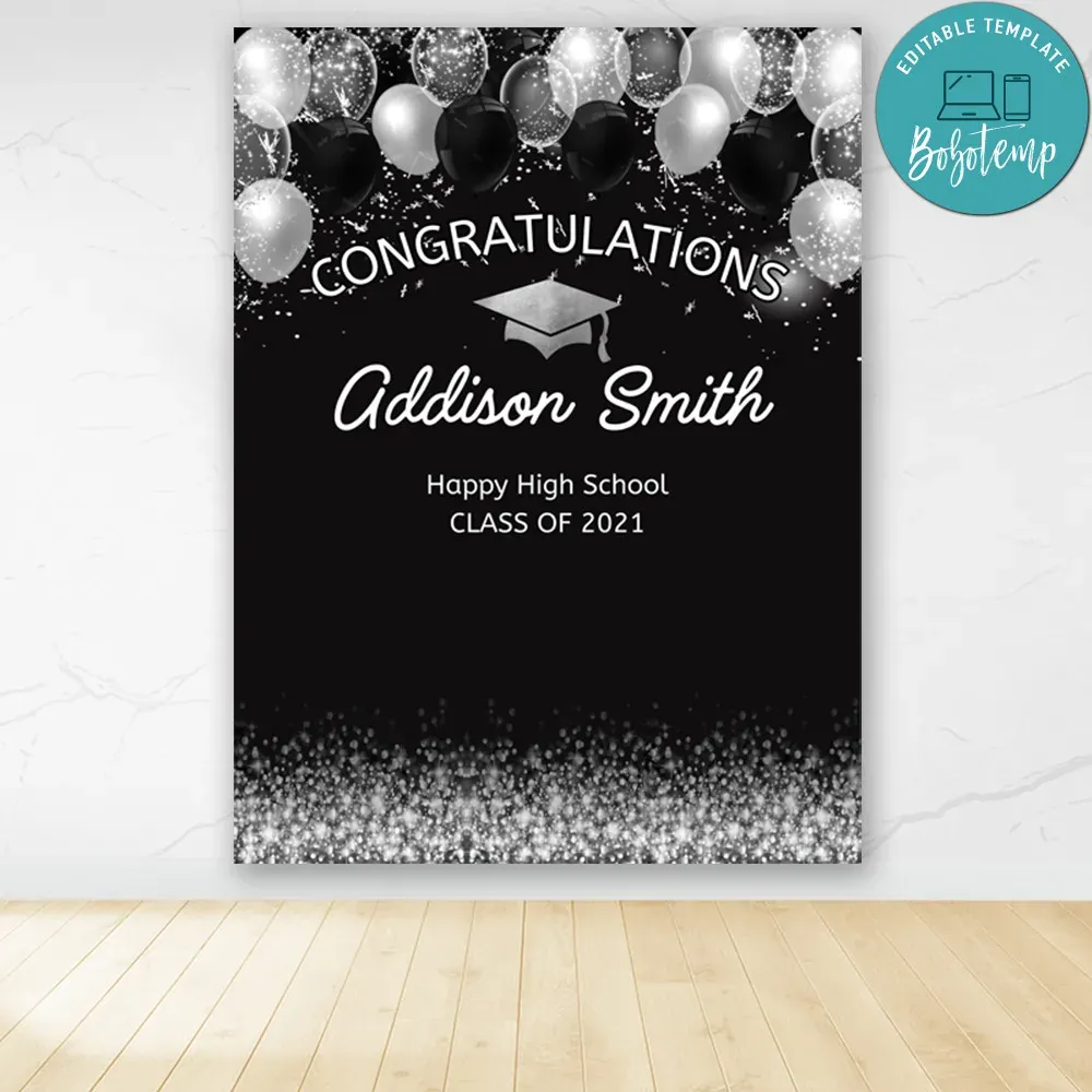 College Graduation White Silver Black Backdrop Digital File | Bobotemp