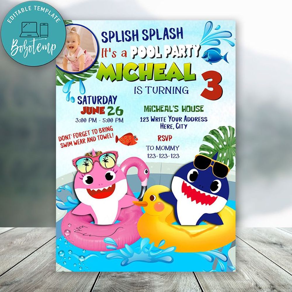 Editable Baby Shark Pool Party Invitation With Photo DIY | Bobotemp