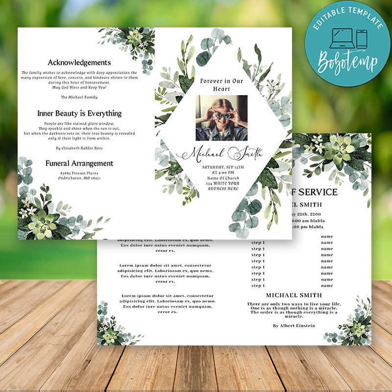 Printable Greenery Funeral Program Template Instant Download | Bobotemp