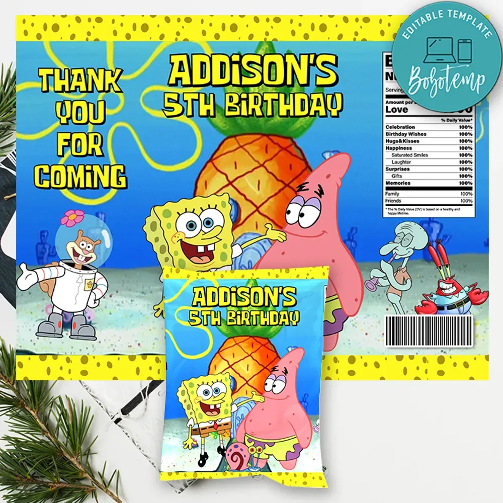 Spongebob Birthday Chip Bag Digital File Printable DIY | Bobotemp Shop