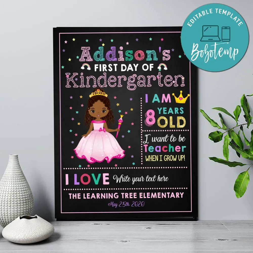 Black Princess First Day of Preschool Chalkboard Sign Printable | Bobotemp