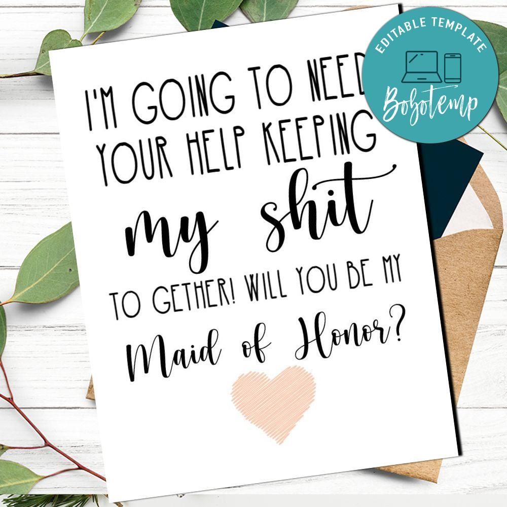 Will You Be My Maid Of Honor Proposal Card To Print At Home Bobotemp