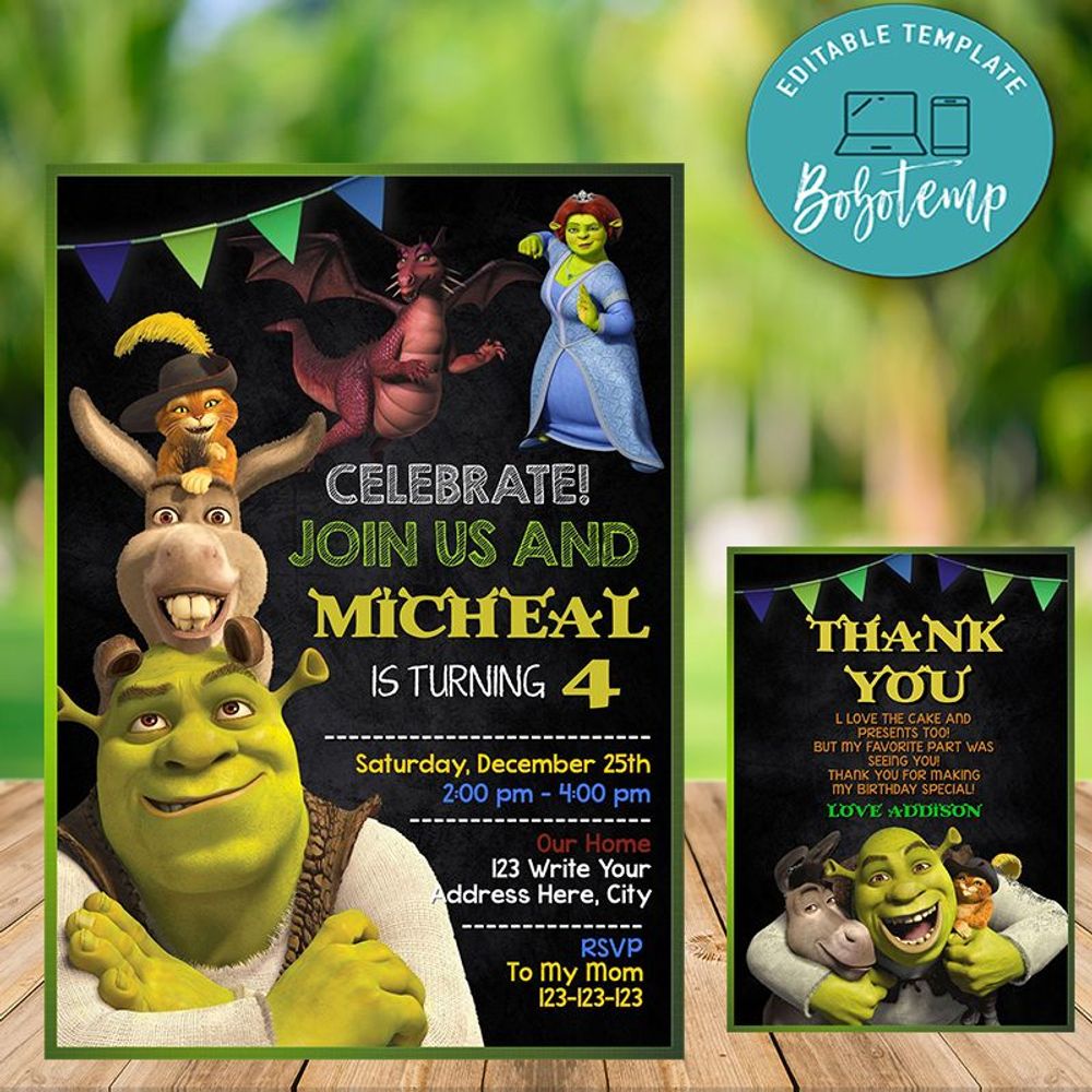 Editable Shrek Party Invitation and Free Thank You Card DIY | Bobotemp