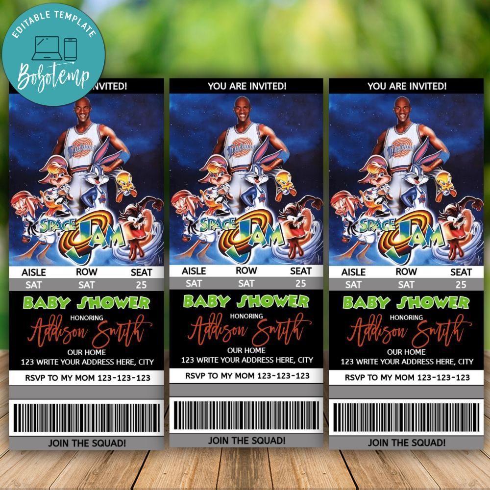 Space Jam Baby Shower Ticket Invitation Printable DIY | Bobotemp