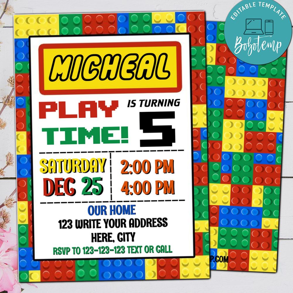 Editable Colorful Lego Building Blocks Invite Instant Download Bobotemp