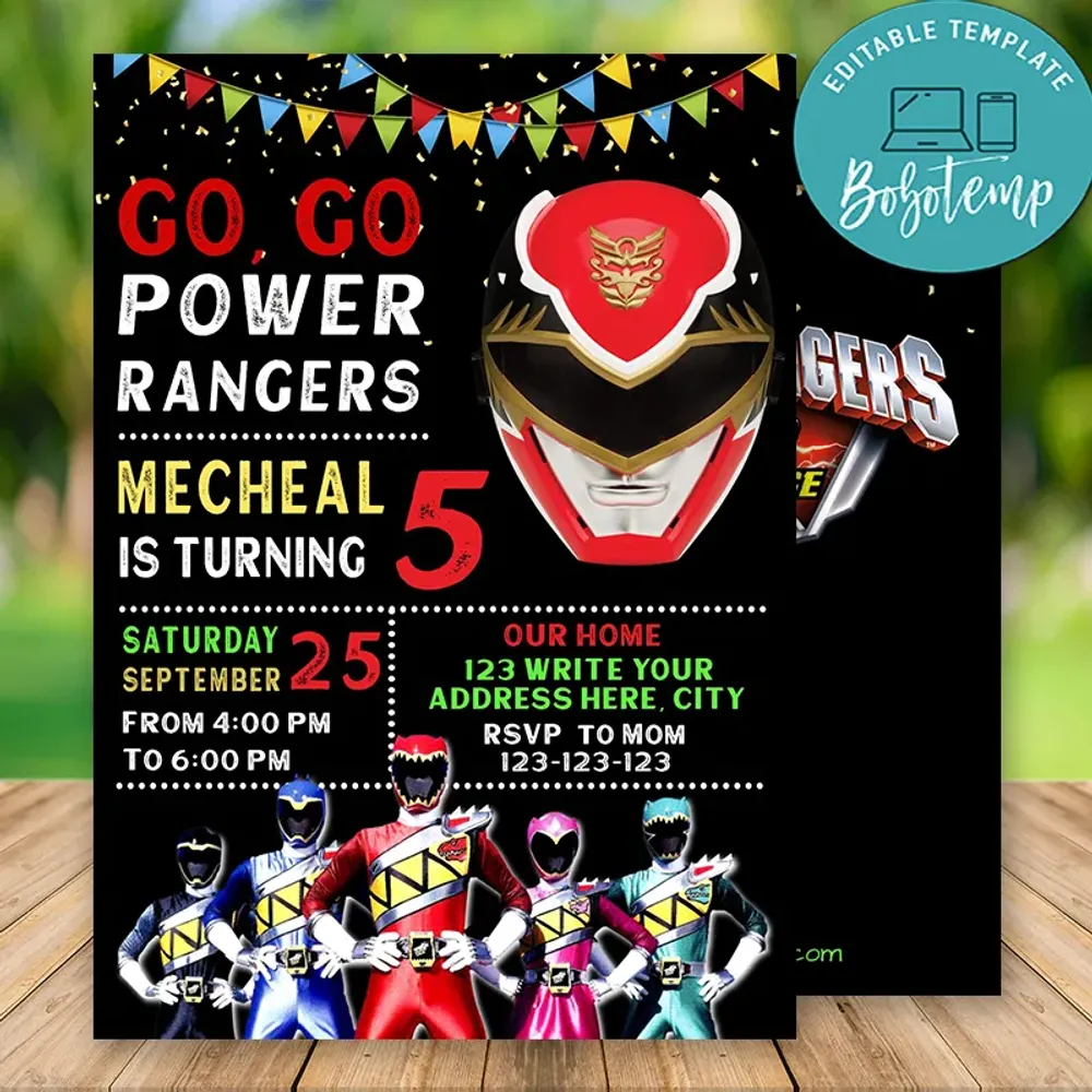 Editable Power Rangers Dino Charge Birthday Invitations DIY | Bobotemp