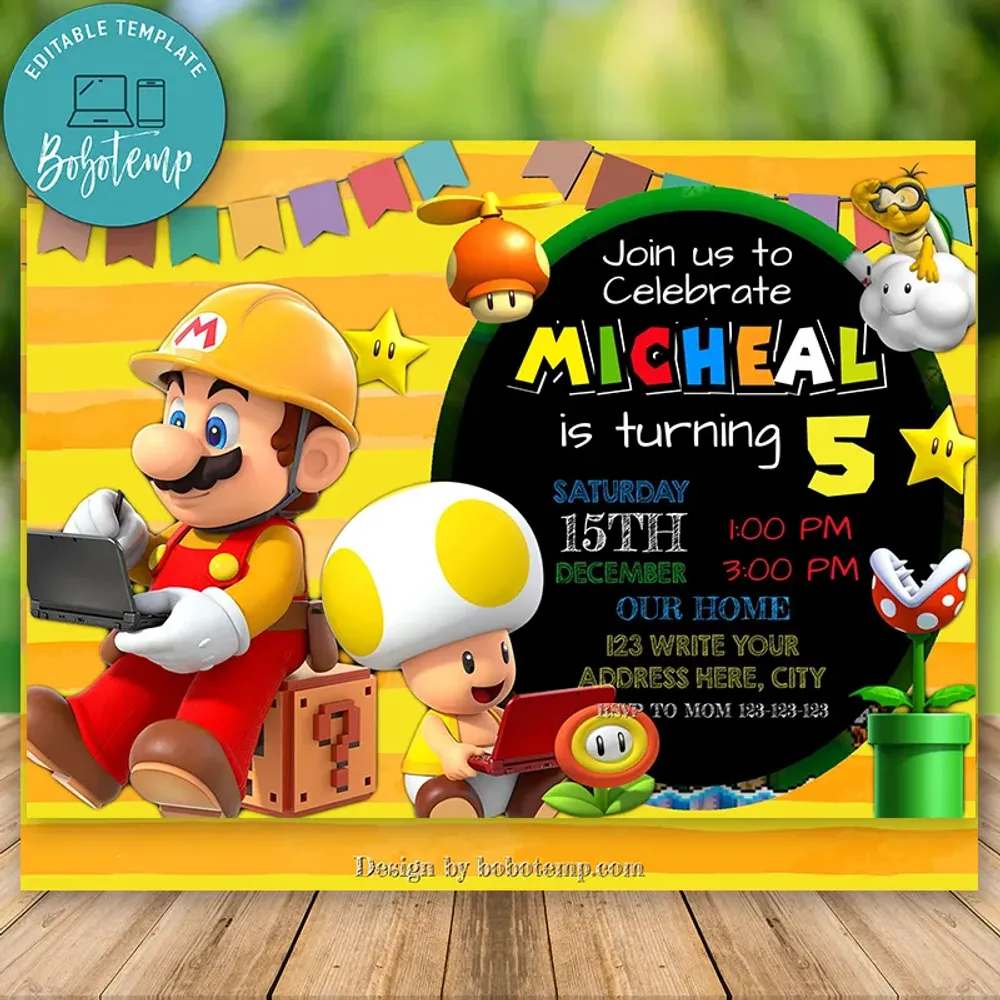 Editable Mario Maker Invitation and Free Thank You Card DIY | Bobotemp