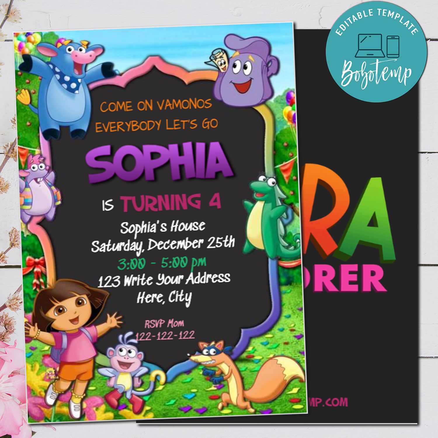 Editable Dora The Explorer Chalkboard Invitation Digital File | Bobotemp