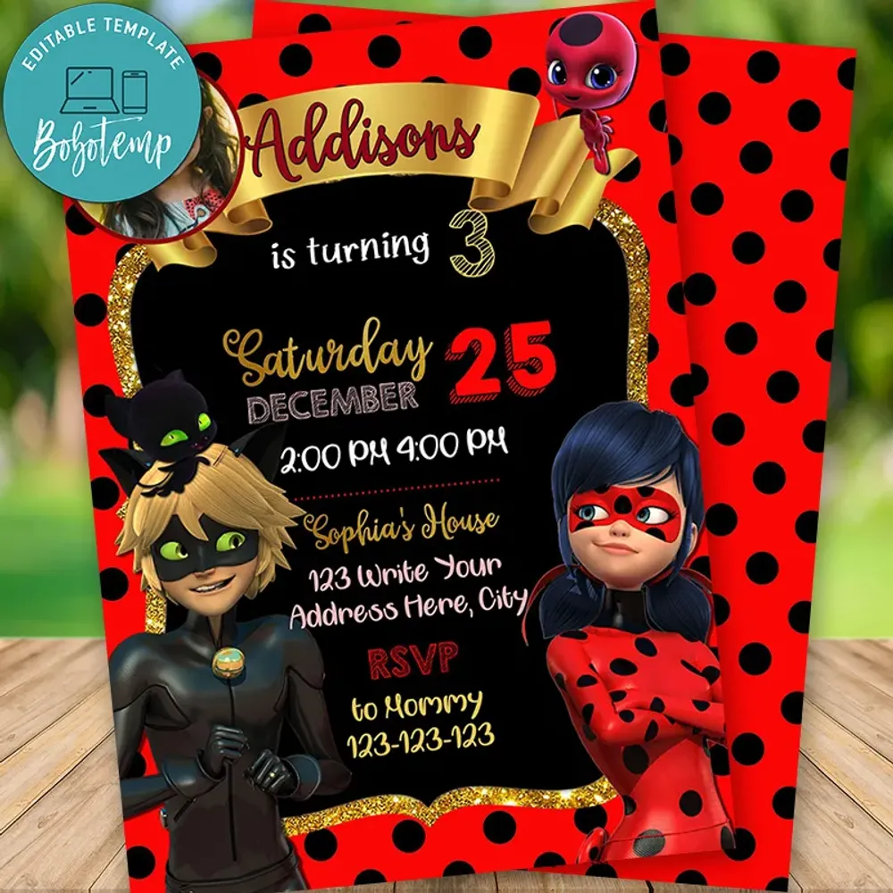 Editable Miraculous Ladybug Birthday Invitation With Photo DIY | Bobotemp