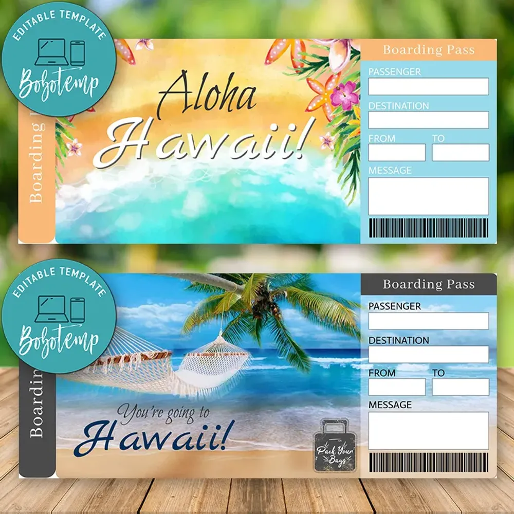 Editable HAWAII Surprise Trip Gift Ticket Instant Download | Bobotemp