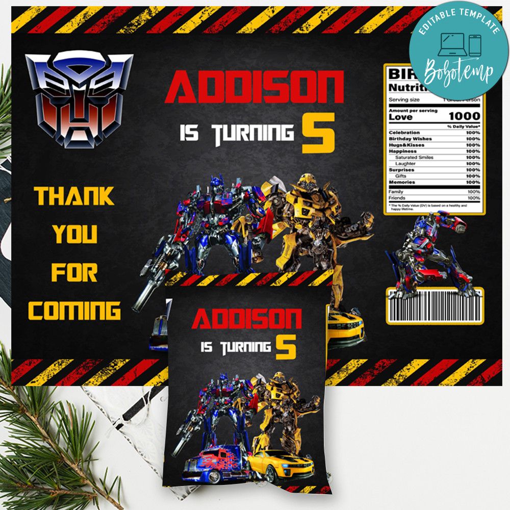 Transformers Chip Bag Digital File Printable DIY | Sportspartydesign