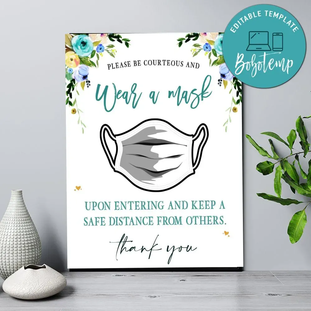 Blue Floral Social Distancing Poster Sign Printable DIY | Bobotemp