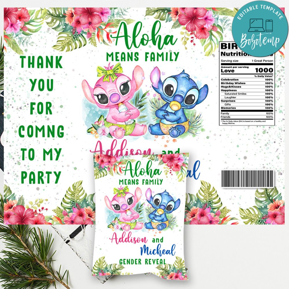 Stitch gender reveal Chip Bag Digital File Printable DIY | Bobotemp