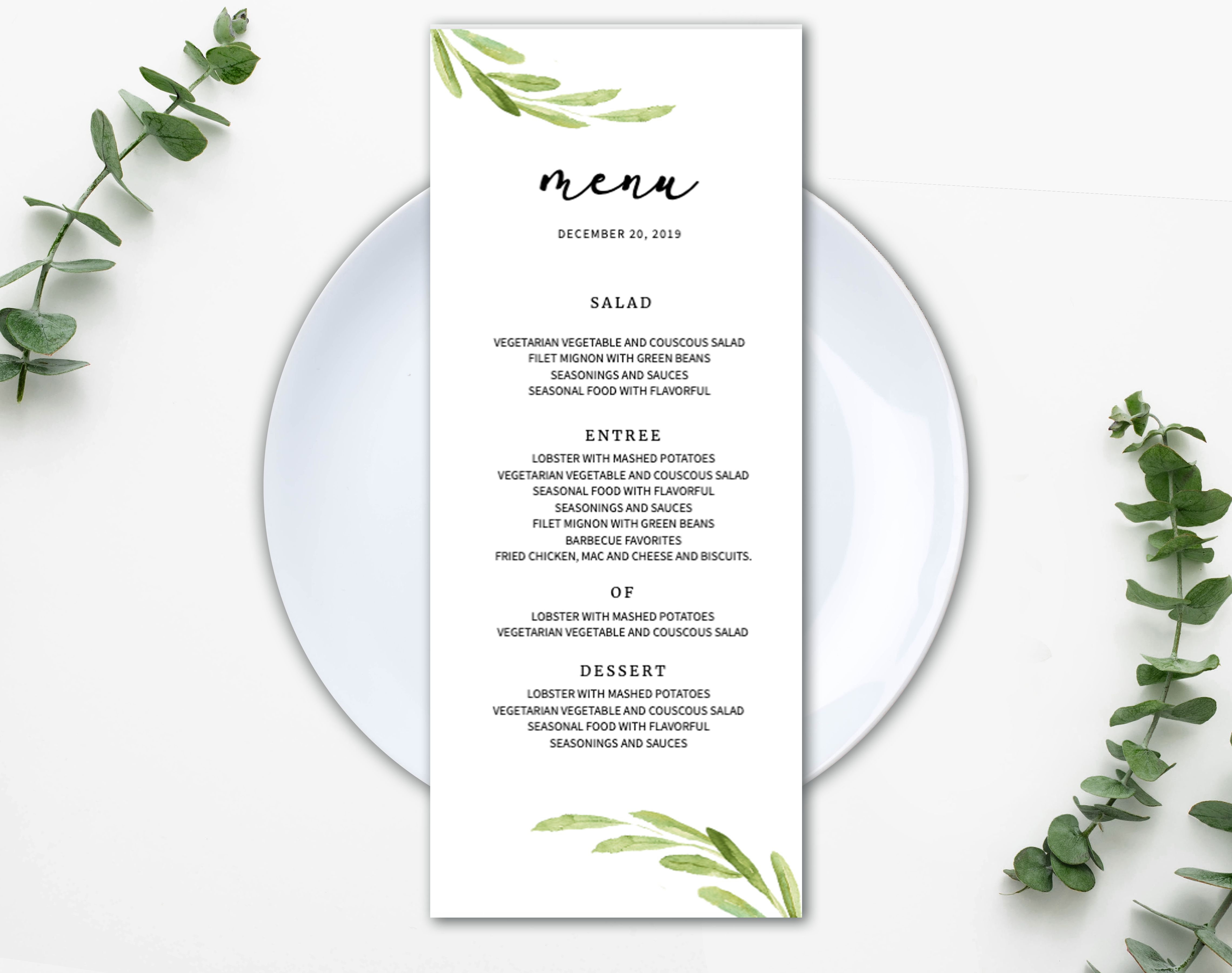 Simple Greenery Menu With Watercolor Leaves Bridal Shower | Bobotemp