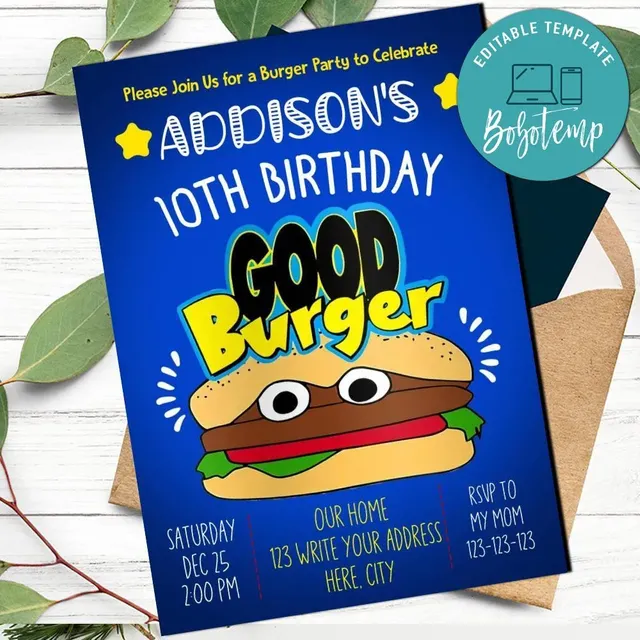 Paper Paper & Party Supplies Burger Invitation Editable Template ...