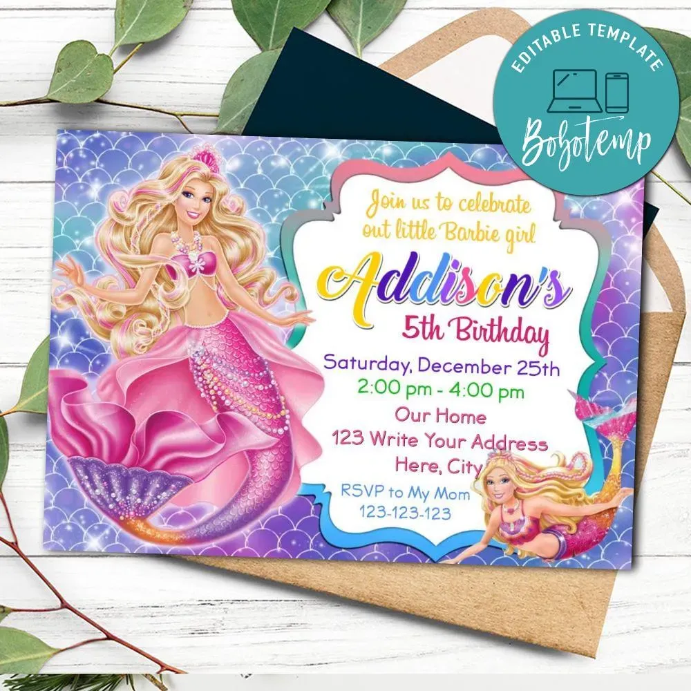 Barbie mermaid Invitation Template to Print at Home | Bobotemp