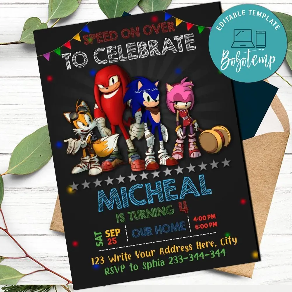 Sonic Party Birthday Flyer Editable Template | Bobotemp