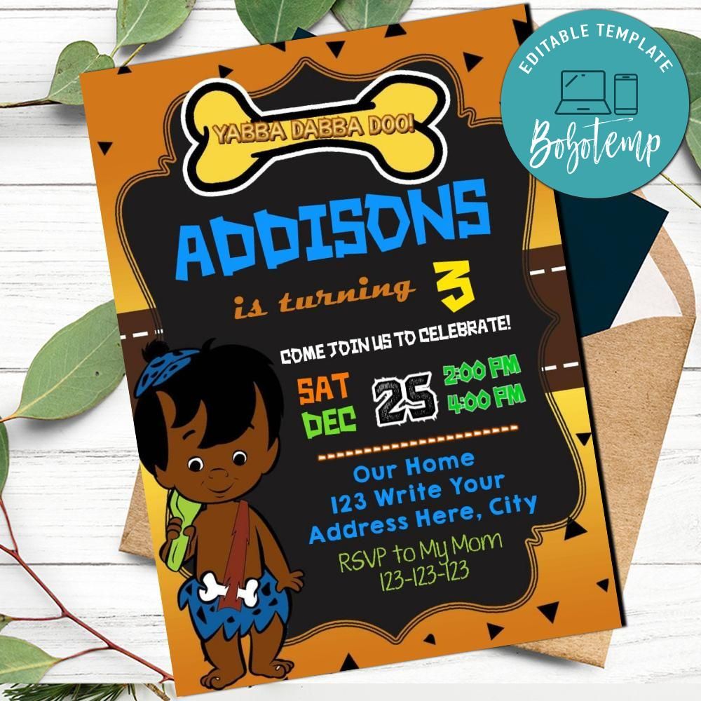 African American Girl Flintstones Birthday Invitation Template Bobotemp 