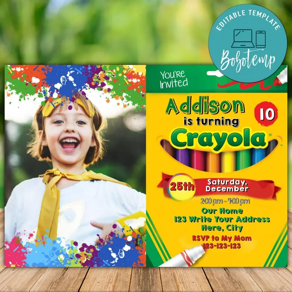 Editable Crayon Birthday Flyer Instant Download | Bobotemp