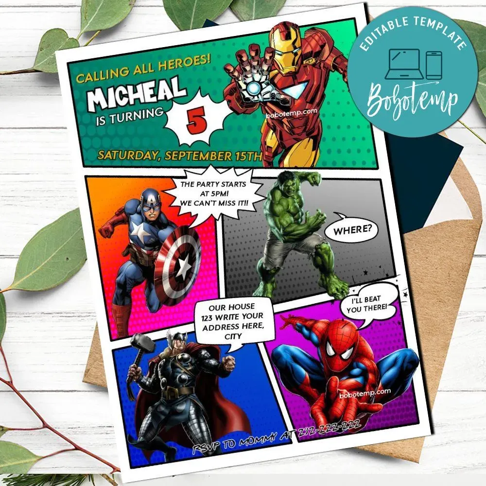 Marvel Comics Invitation Customizable Template Instant Download | Bobotemp