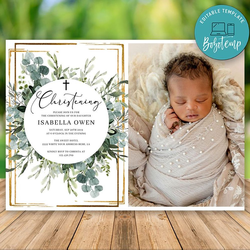Editable Greenery Gold Christening Invitation Template With Photo 