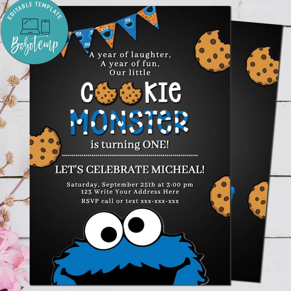 Editable Cookie Monster Invitation First Birthday Digital File Bobotemp
