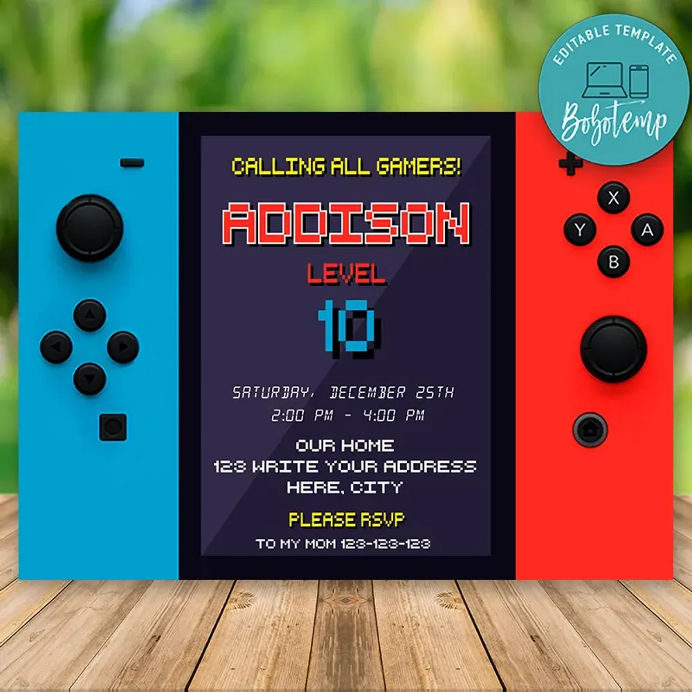 Editable Nintendo Switch Party Invitation Instant Download | Bobotemp