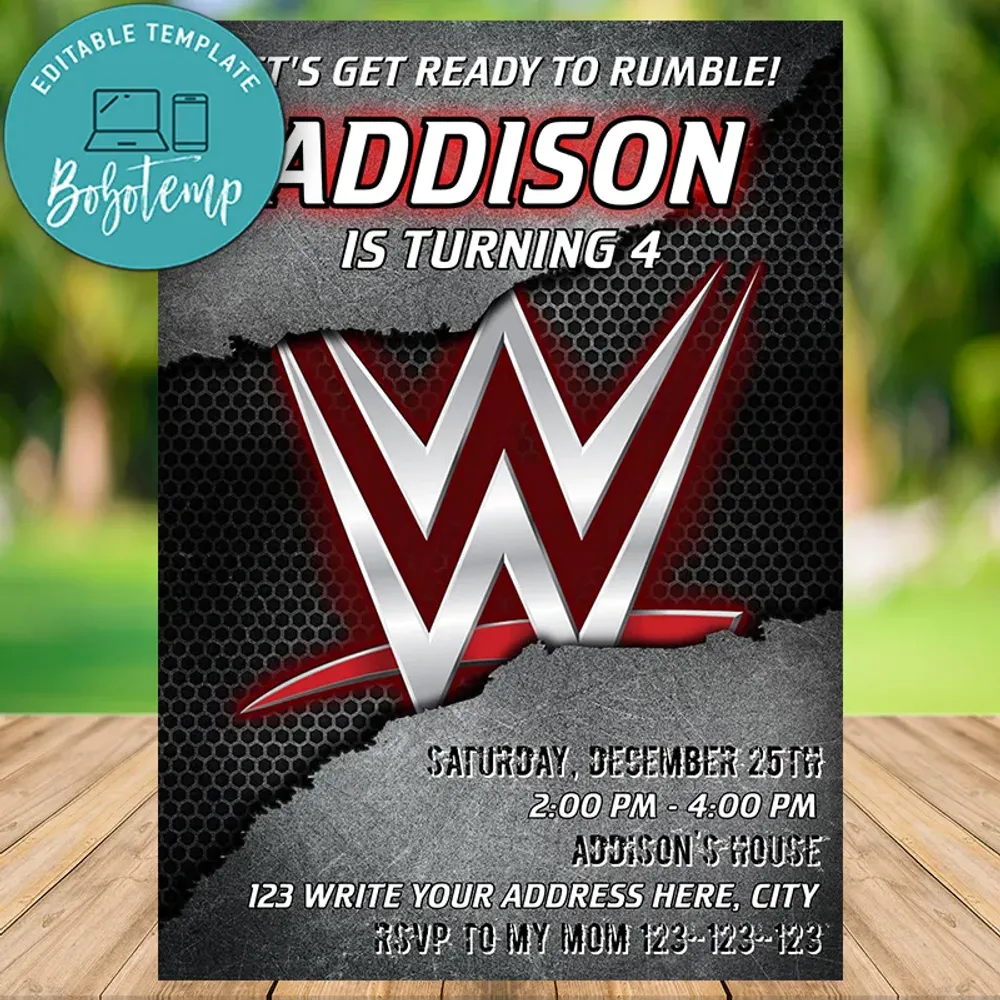 Editable WWE wrestling Invitations Instant Download | Bobotemp