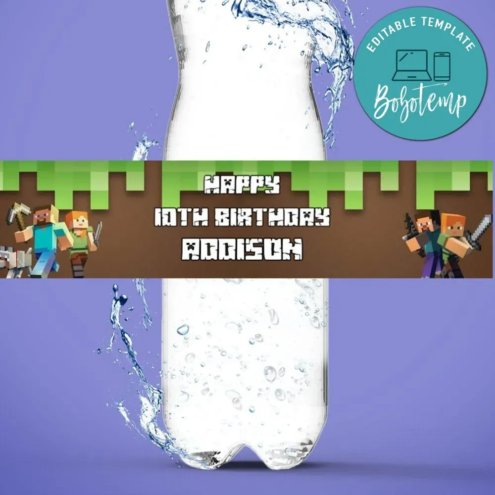 Minecraft Birthday Water Bottle Label Template DIY | Bobotemp