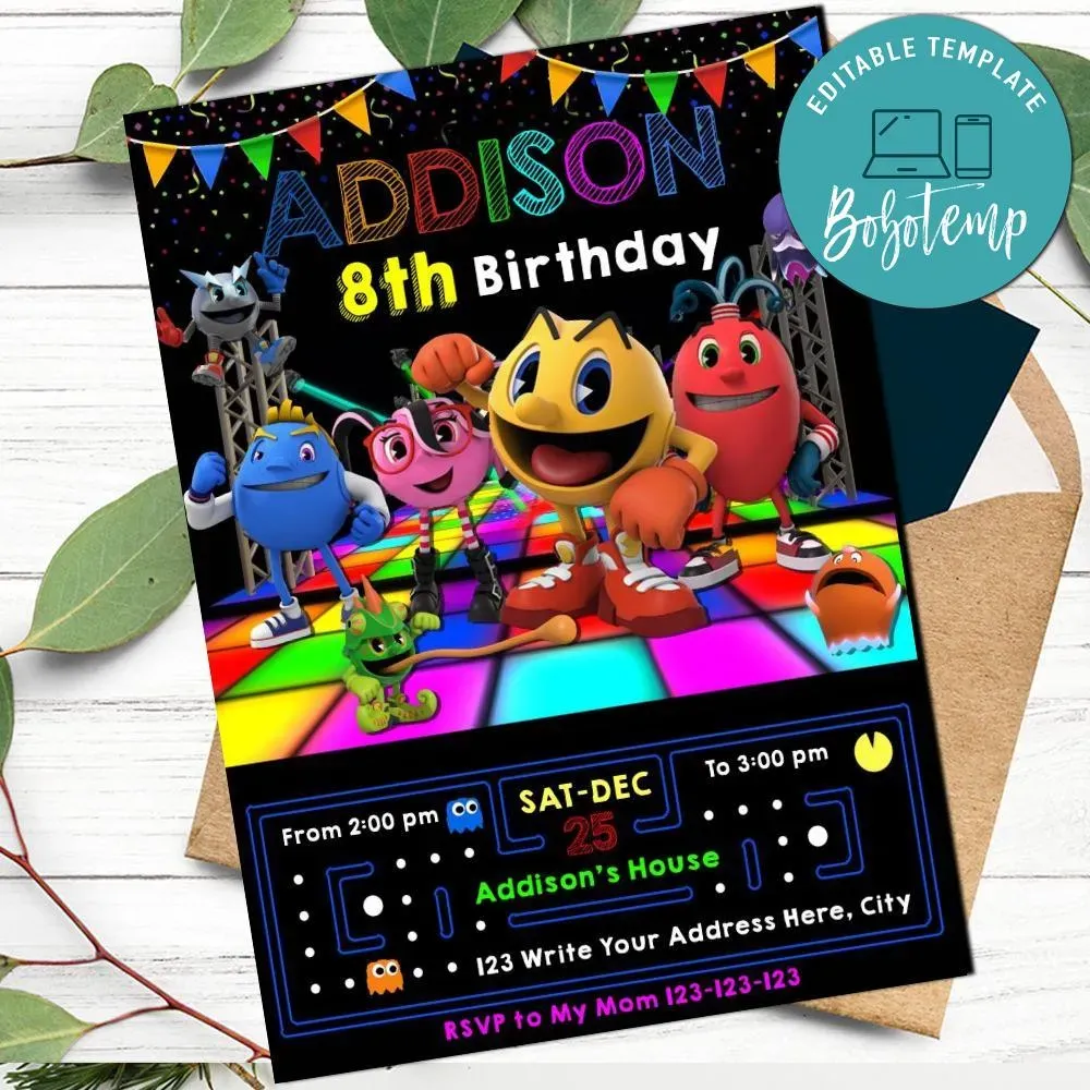 Pac man Birthday Flyer Customizable Template DIY | Bobotemp