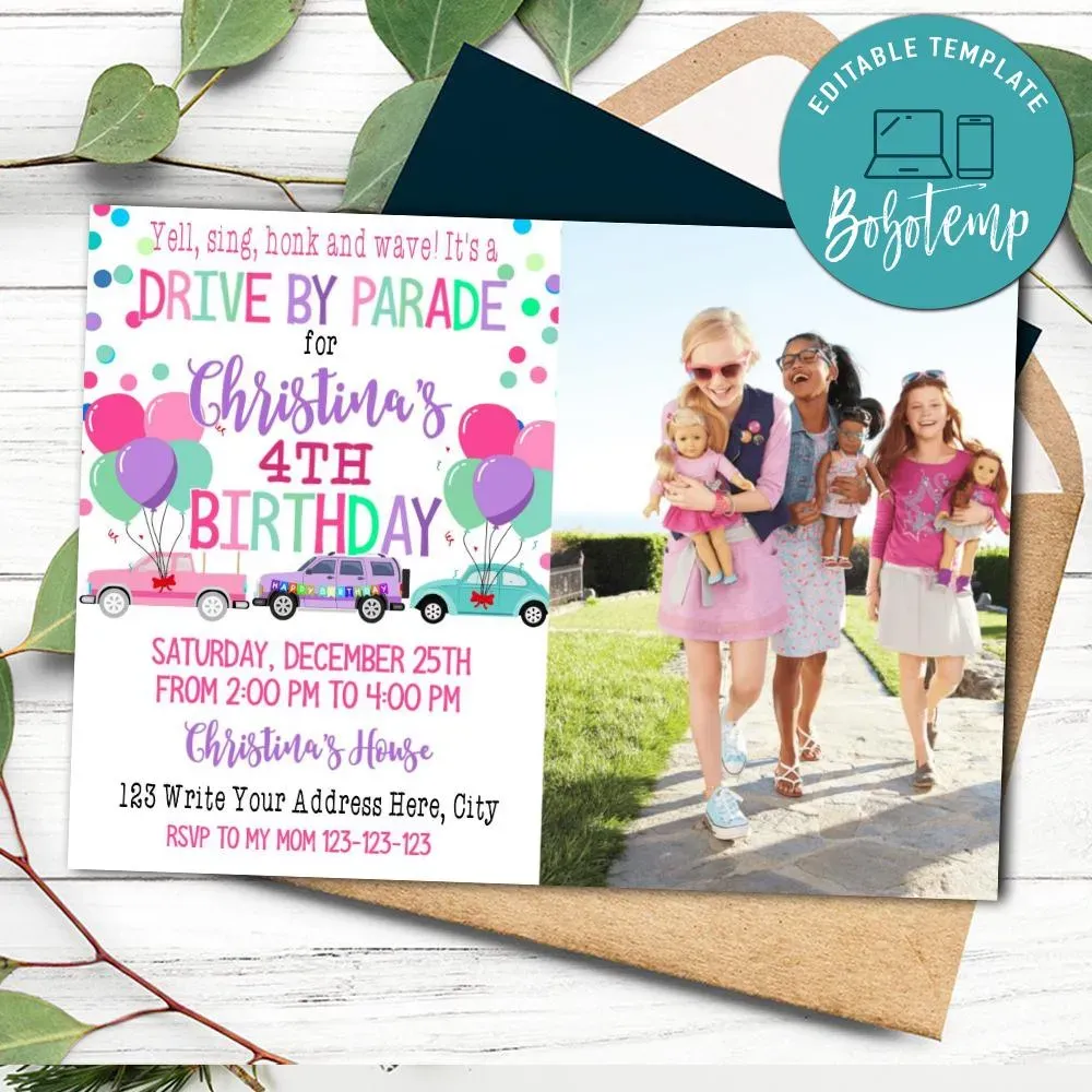 Printable Pink Car Parade Birthday Flyer with Photo DIY | Bobotemp