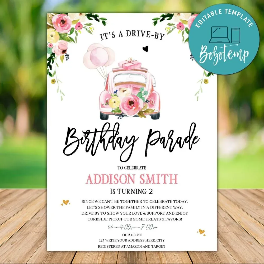 Pink Drive By Birthday Parade Invitation Free Thank You Card | Bobotemp