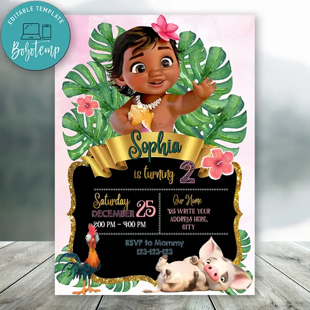 Editable Disney Princess Baby Moana Invitation Digital File | Bobotemp