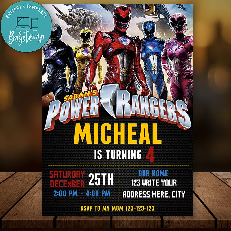 Editable Power Rangers Party Invitation Instant Download Bobotemp