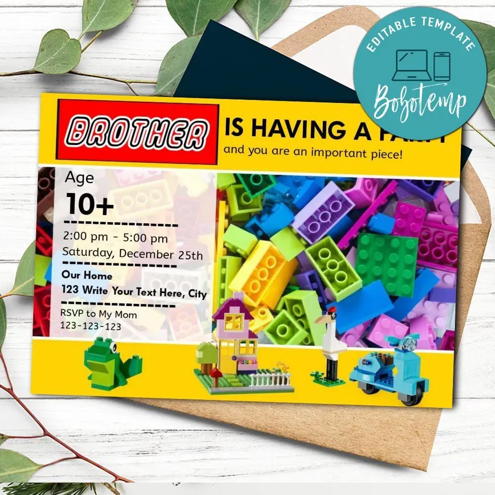 Lego Building Blocks Party Invitation Printable DIY | Bobotemp