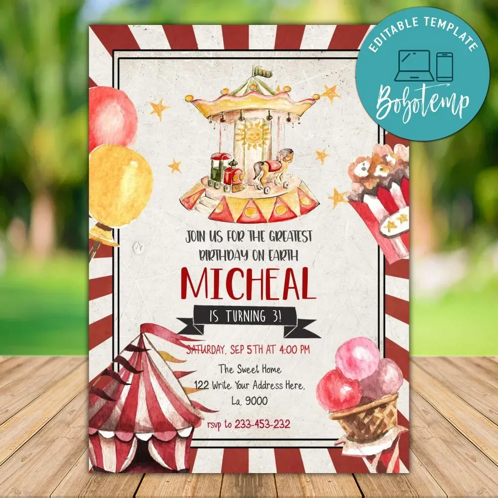 Printable Carousel Birthday Party Invitations Instant Download | Bobotemp