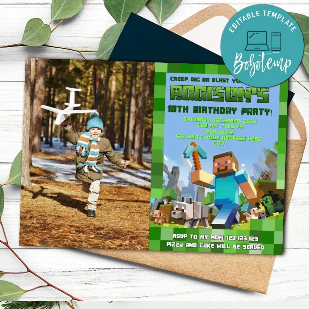 Minecraft Photo Birthday Digital Invitation Printable DIY | Bobotemp