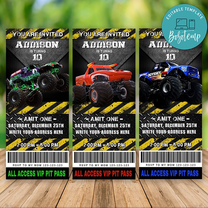 Printable Grave Digger Monster Truck Birthday Ticket Invitation 