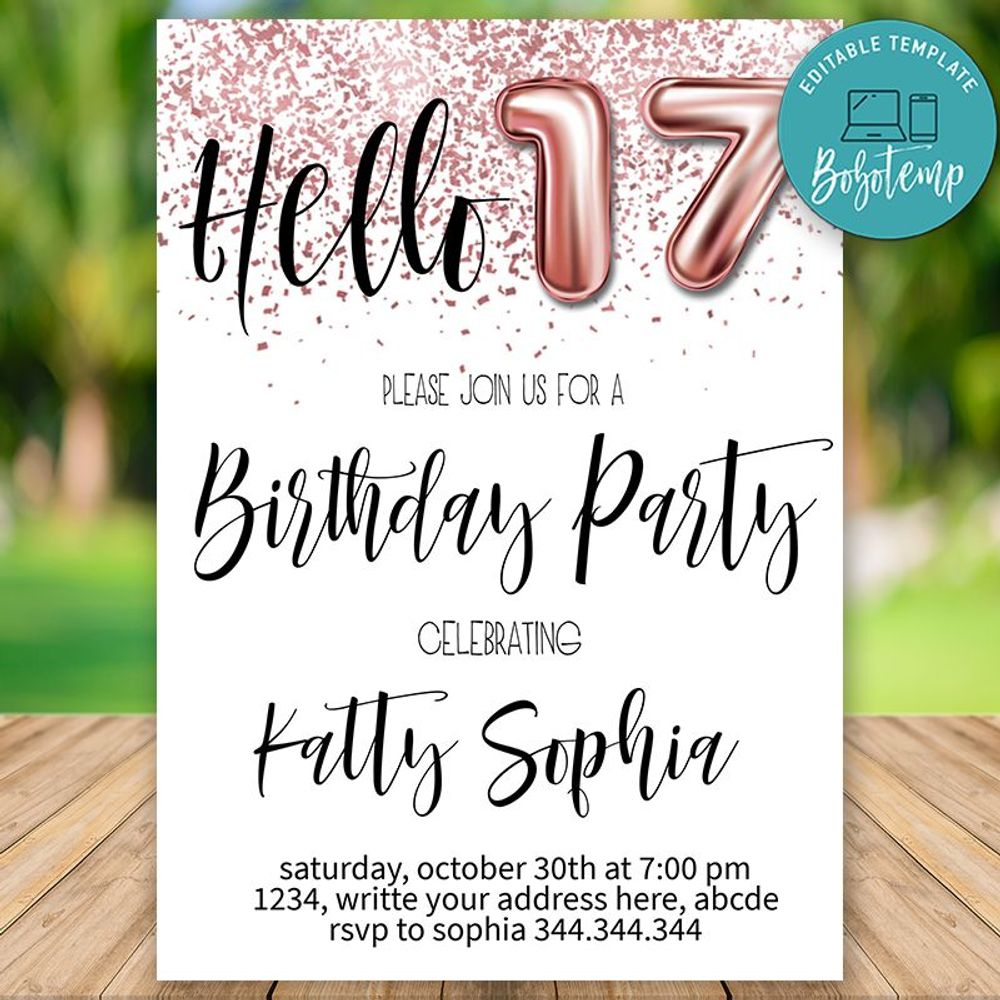 Editable Glitter Confetti 17th Birthday Invitation DIY Bobotemp