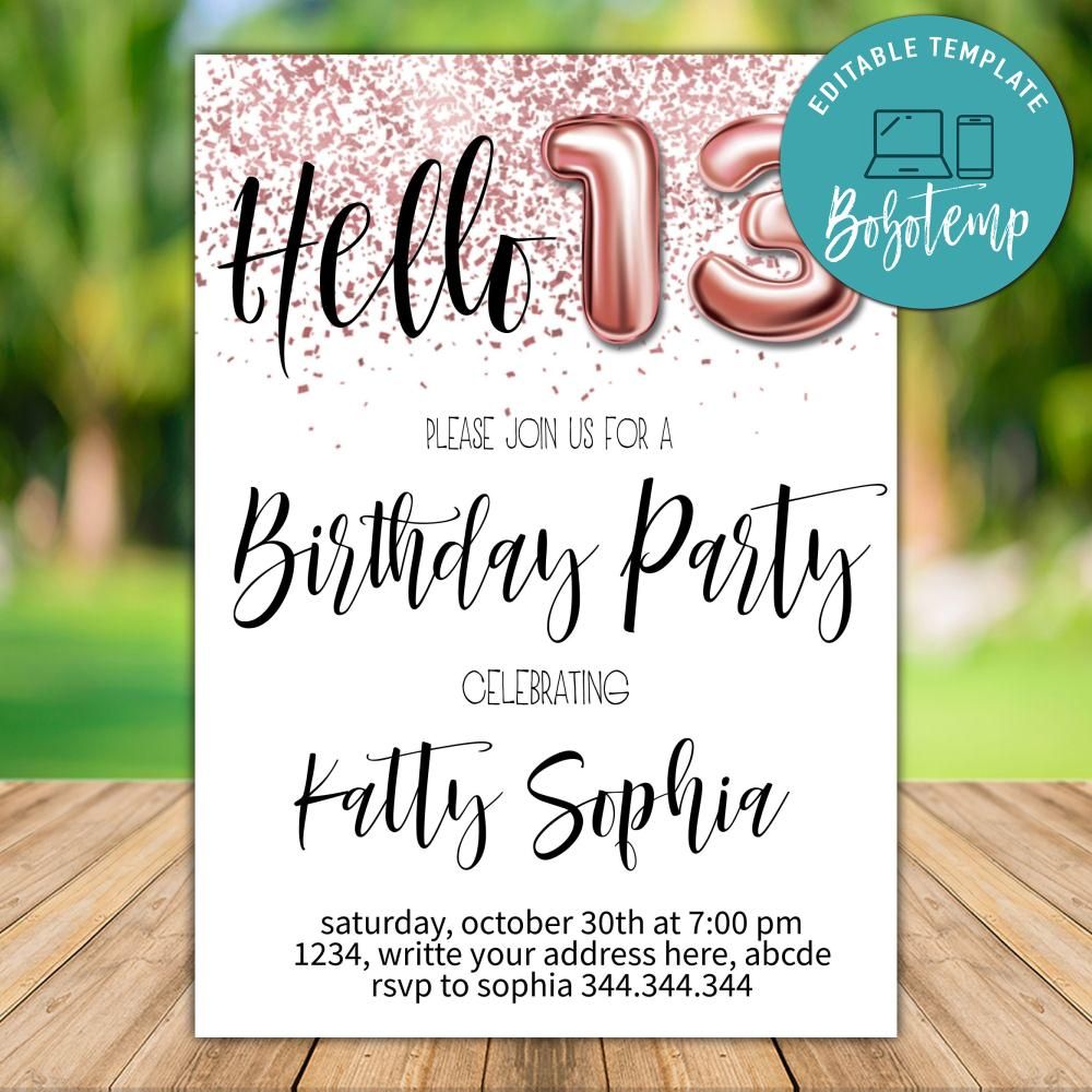 Printable Rose Gold 13th Birthday Invitation Instant Download Bobotemp