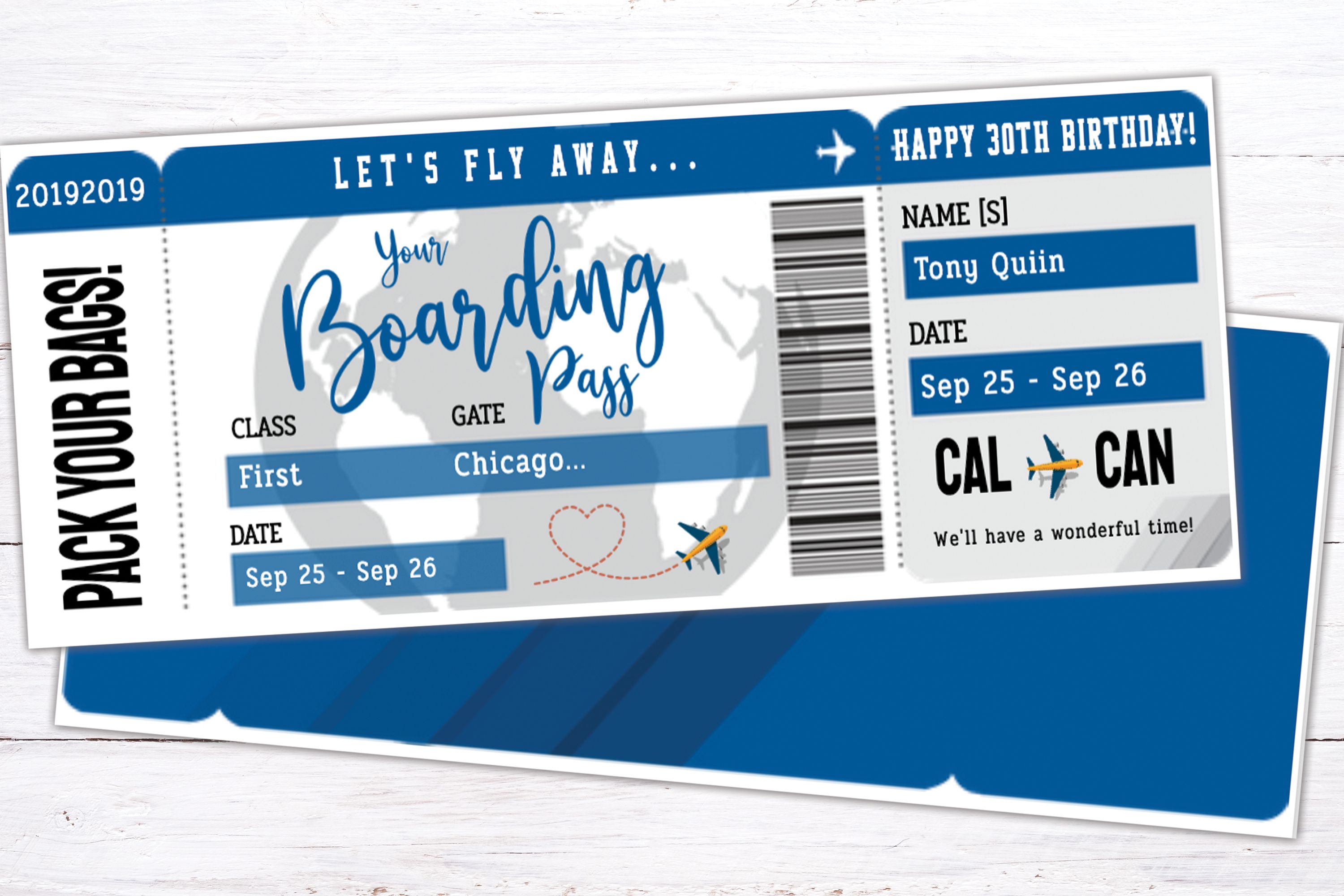 Boarding Pass Surprise Fake Airline Ticket Trip Gift Blue 