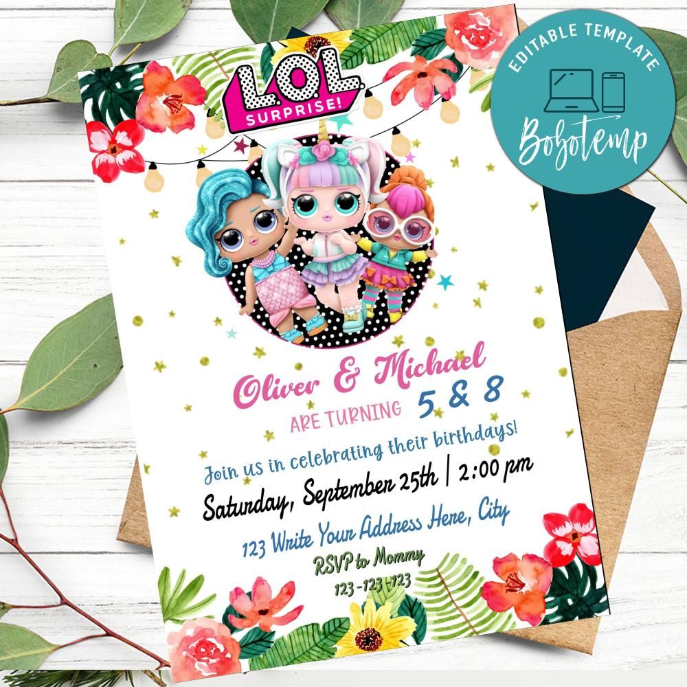 Girl Twins Lol Surprise Dolls Birthday Invitation Printable DIY | Bobotemp