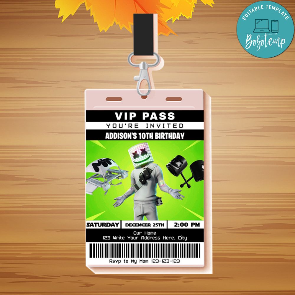 Marshmello Gamer VIP pass Customizable Template Instant Dow | Bobotemp