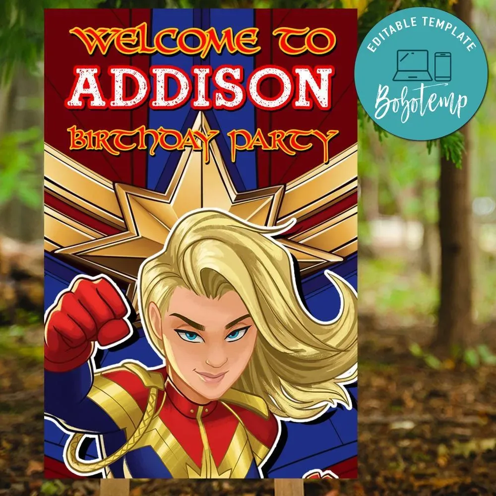 Captain Marvel Birthday Welcome Sign Digital File Printable DIY | Bobotemp