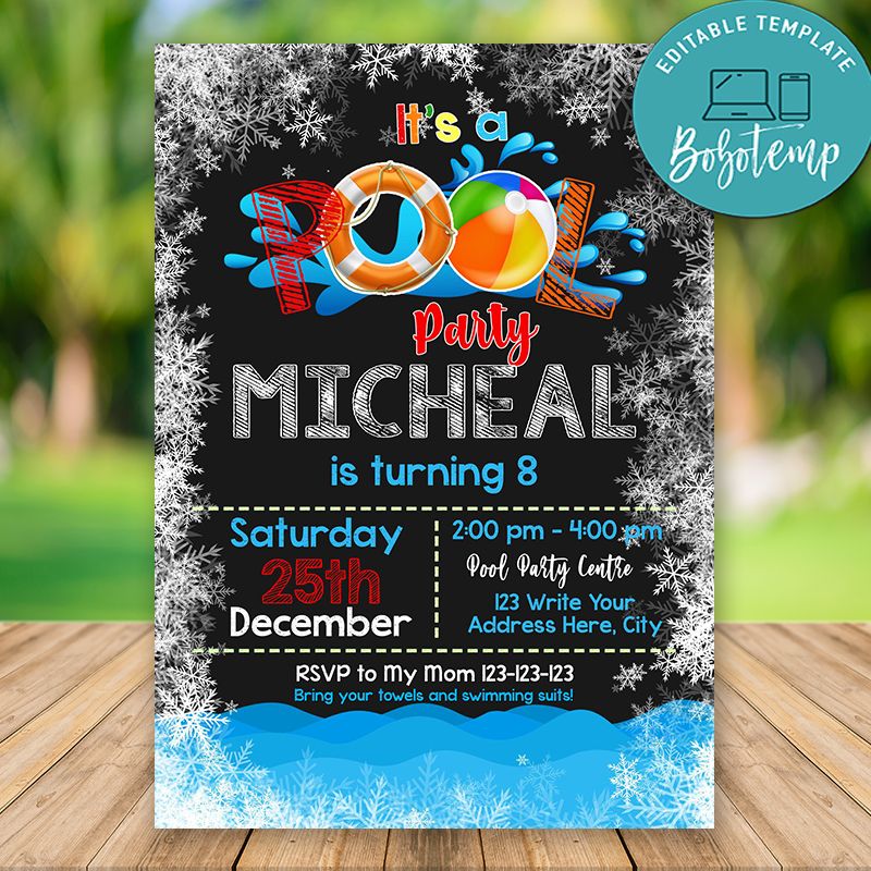 Editable Winter Pool Birthday Invitations Instant Download | Bobotemp
