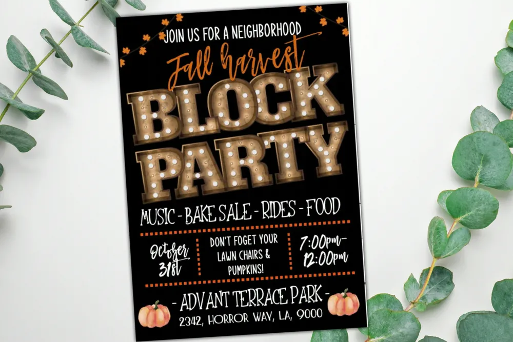 JOIN US FOR A NEIGHBORHOOD Fall harvest Block Party Invite | Bobotemp