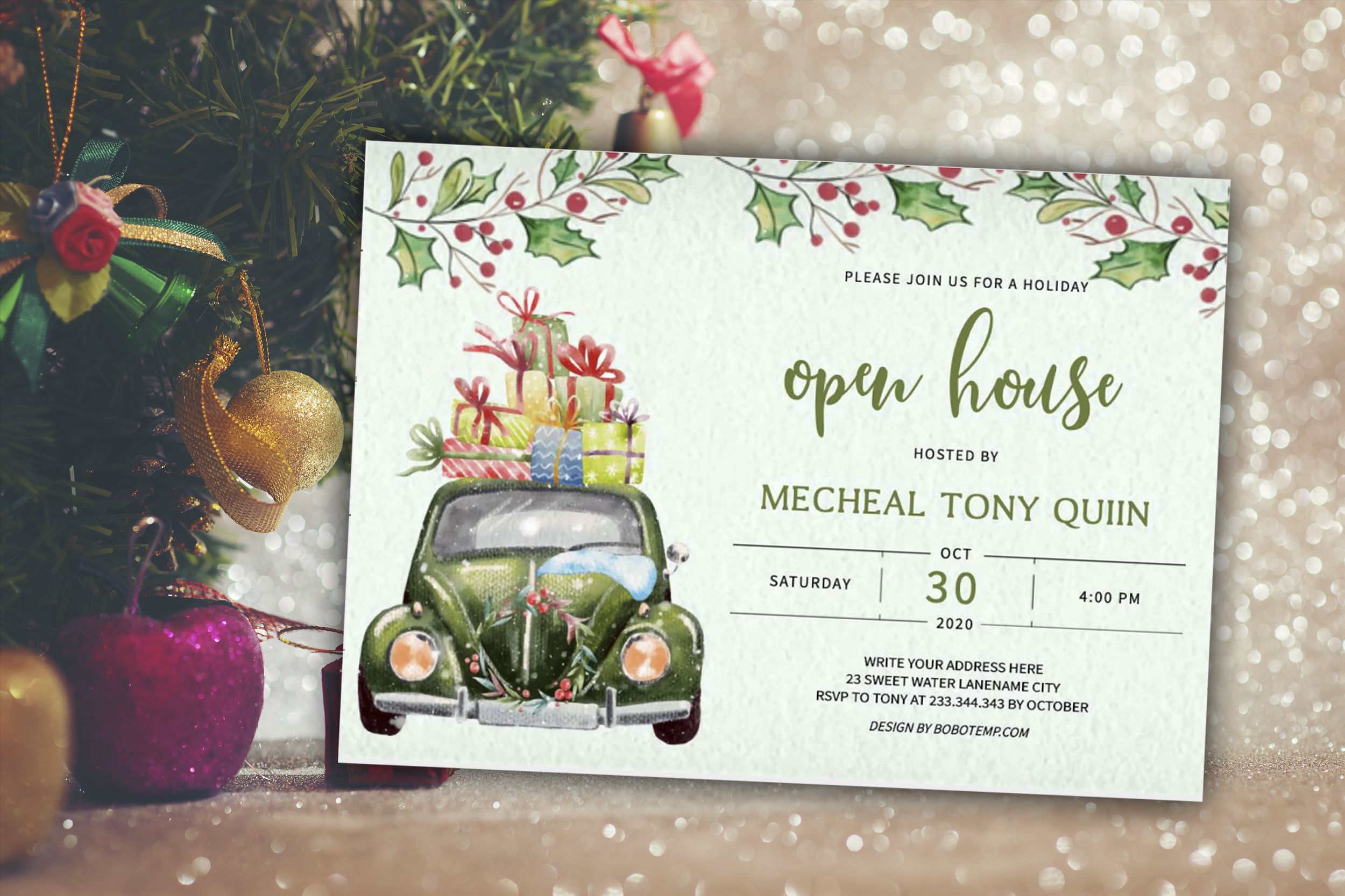 Printable Christmas Bug Holiday Open House Green WaterColor ...