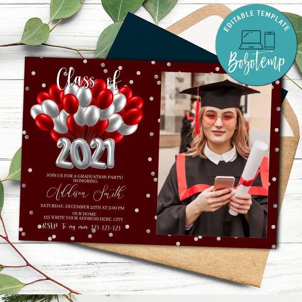 Graduation red and white Invitation Customizable Template DIY | Bobotemp